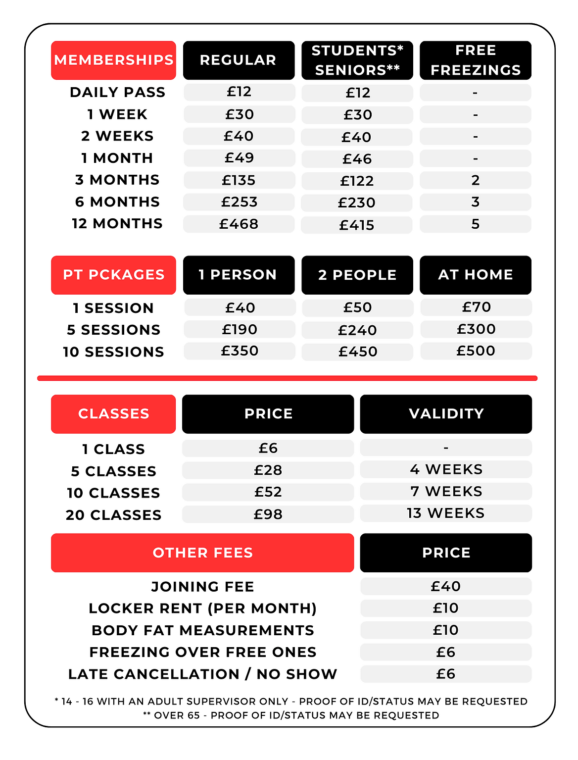 Price list – Peak Gym Gibraltar